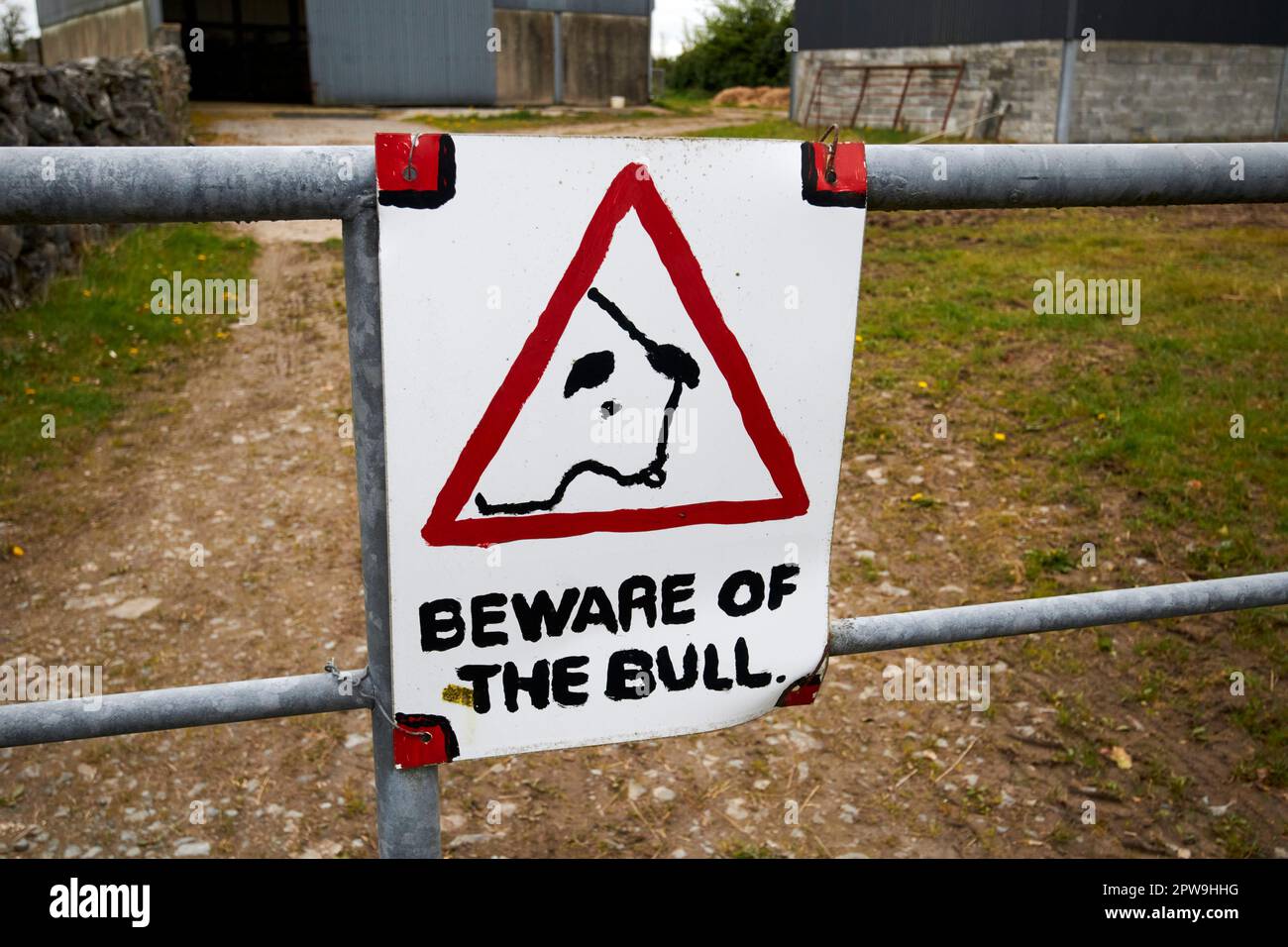 hand painted beware of the bull sign on a farmyard gate in county clare ...