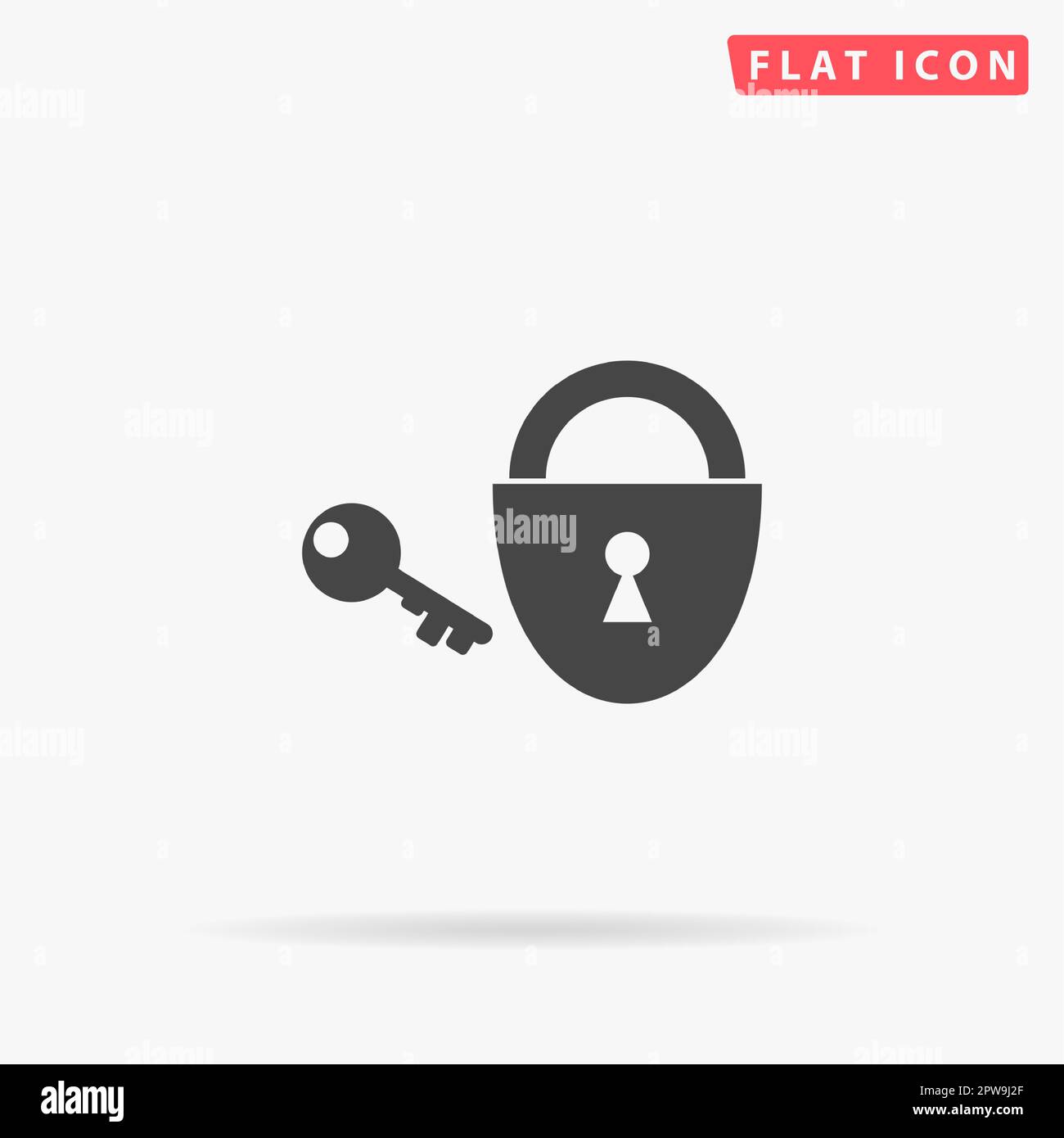 Padlock and key. Simple flat black symbol with shadow on white ...