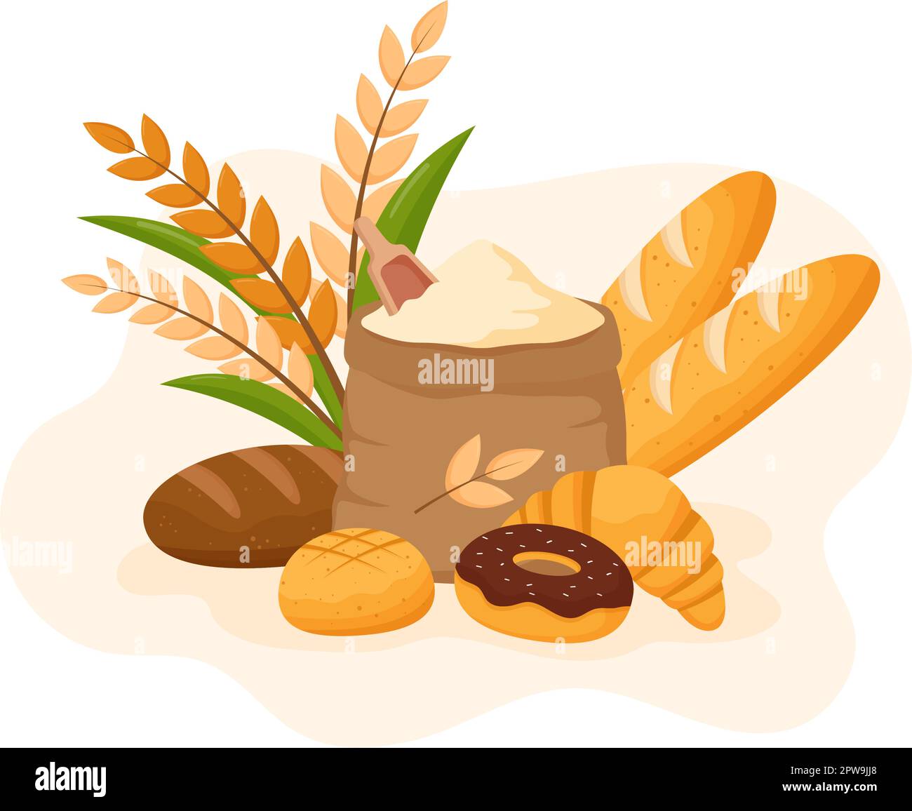 Bread Mill Illustration with Wheat Sacks, Various Breads and Windmill ...