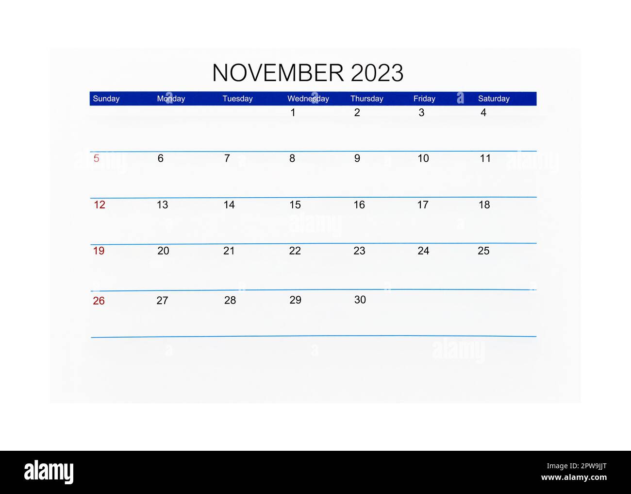 November 2023 Calendar page for 2023 year isolated on white background ...