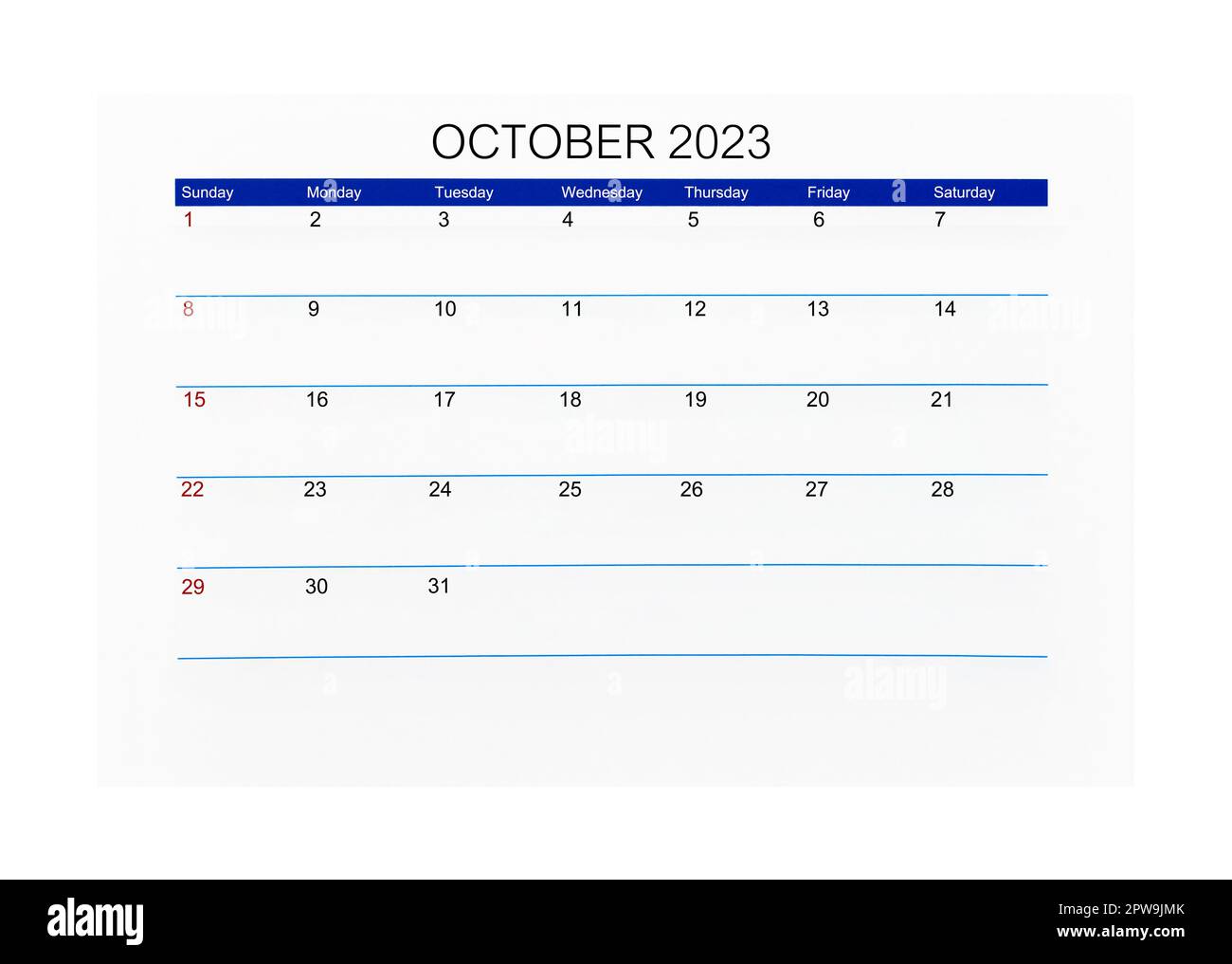 October 2023 Calendar page for 2023 year isolated on white background ...