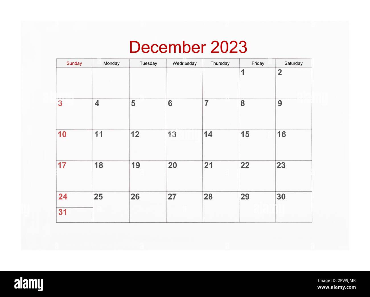 December 2023 Calendar page for 2023 year isolated on white background ...