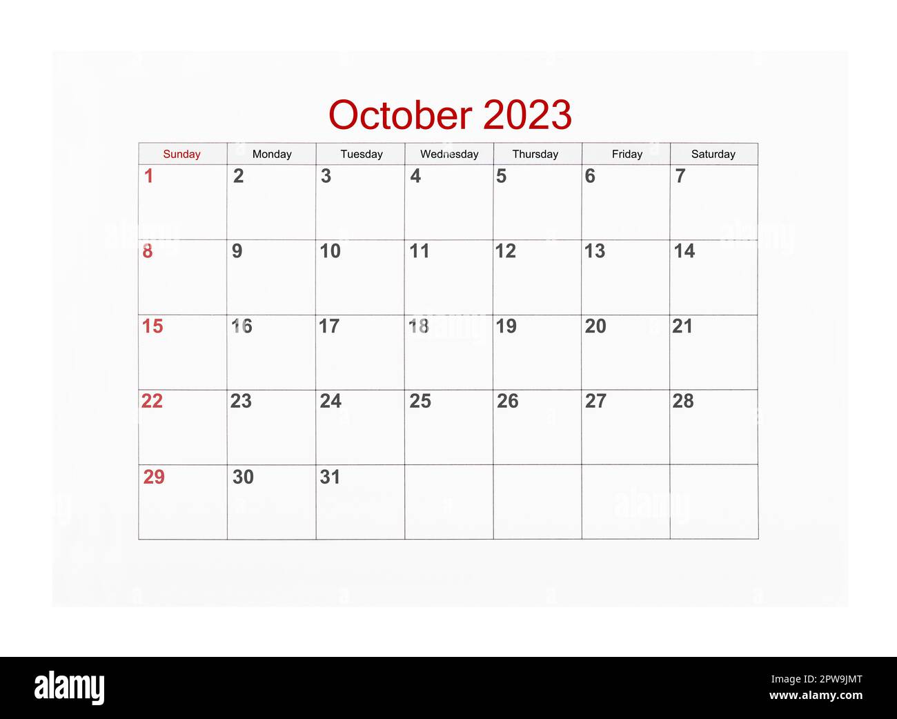 October 2023 Calendar page for 2023 year isolated on white background ...