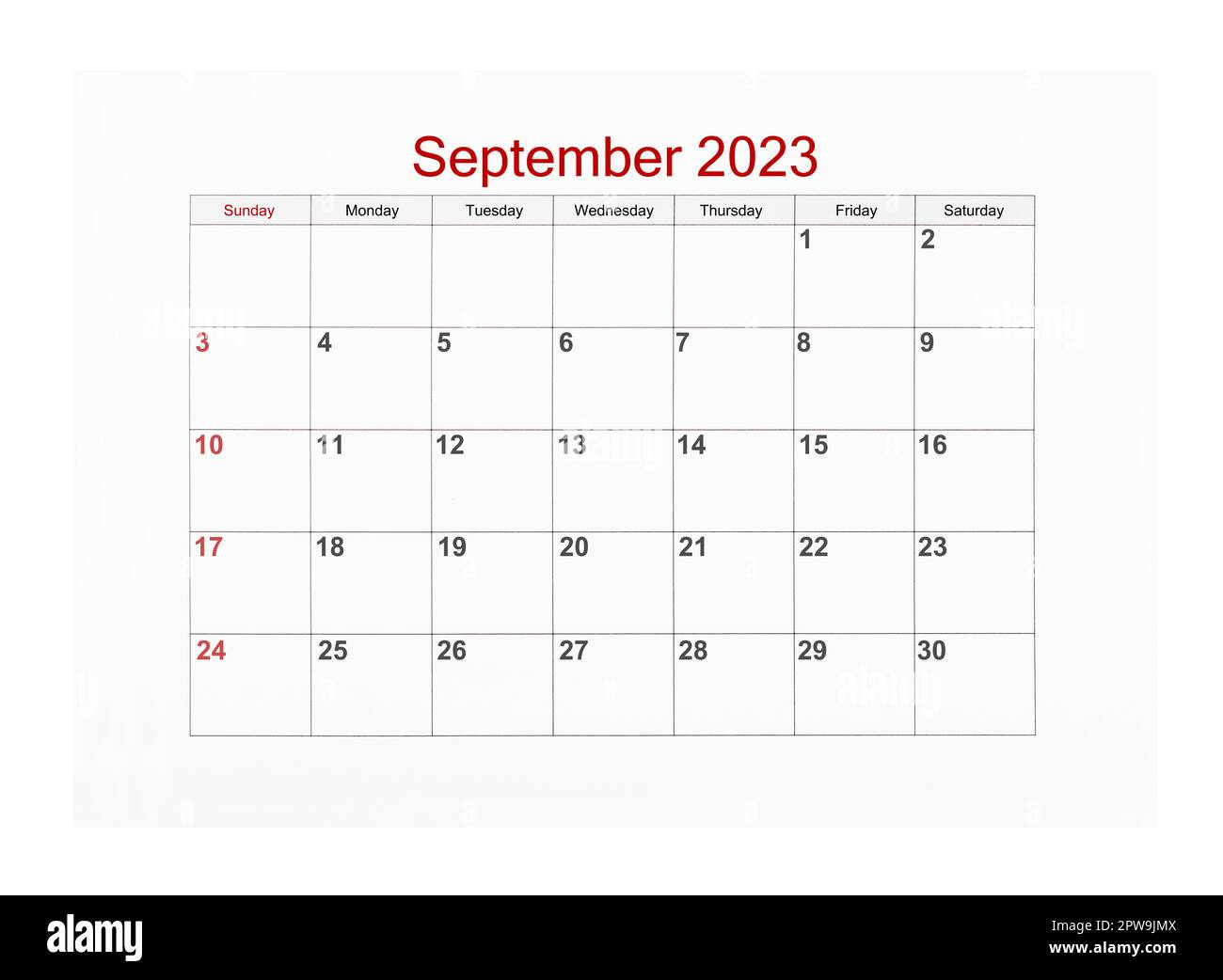 September 2023 Calendar page for 2023 year isolated on white background ...