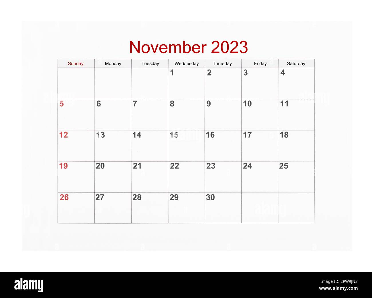 November 2023 Calendar page for 2023 year isolated on white background ...