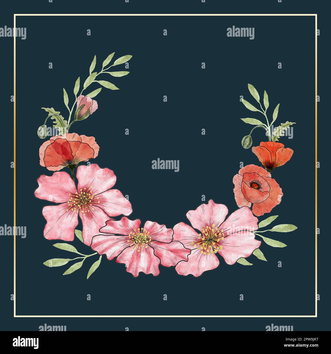 Watercolor postcard, invitation, greeting with poppy, cherry flowers ...