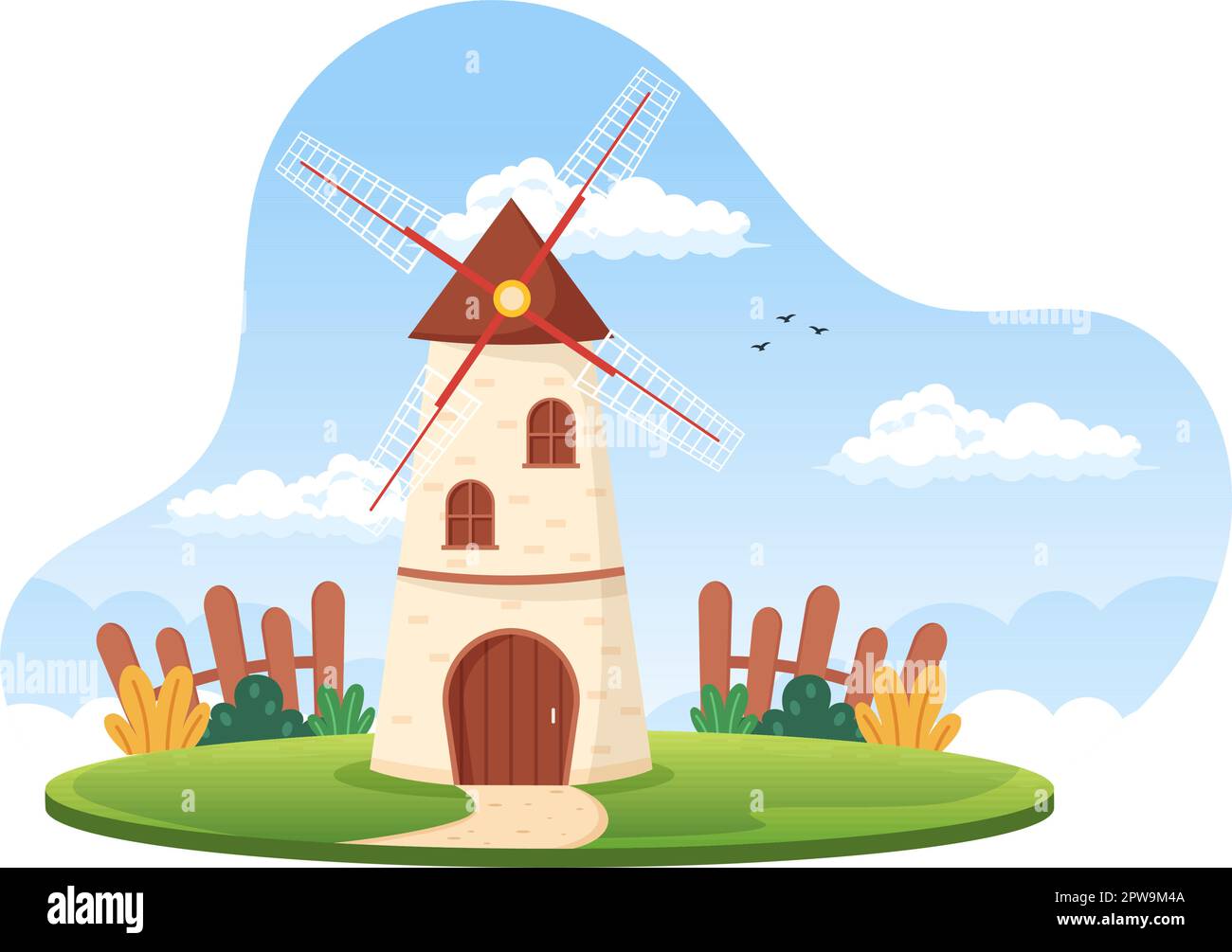 Bread Mill Illustration with Wheat Sacks, Various Breads and Windmill ...