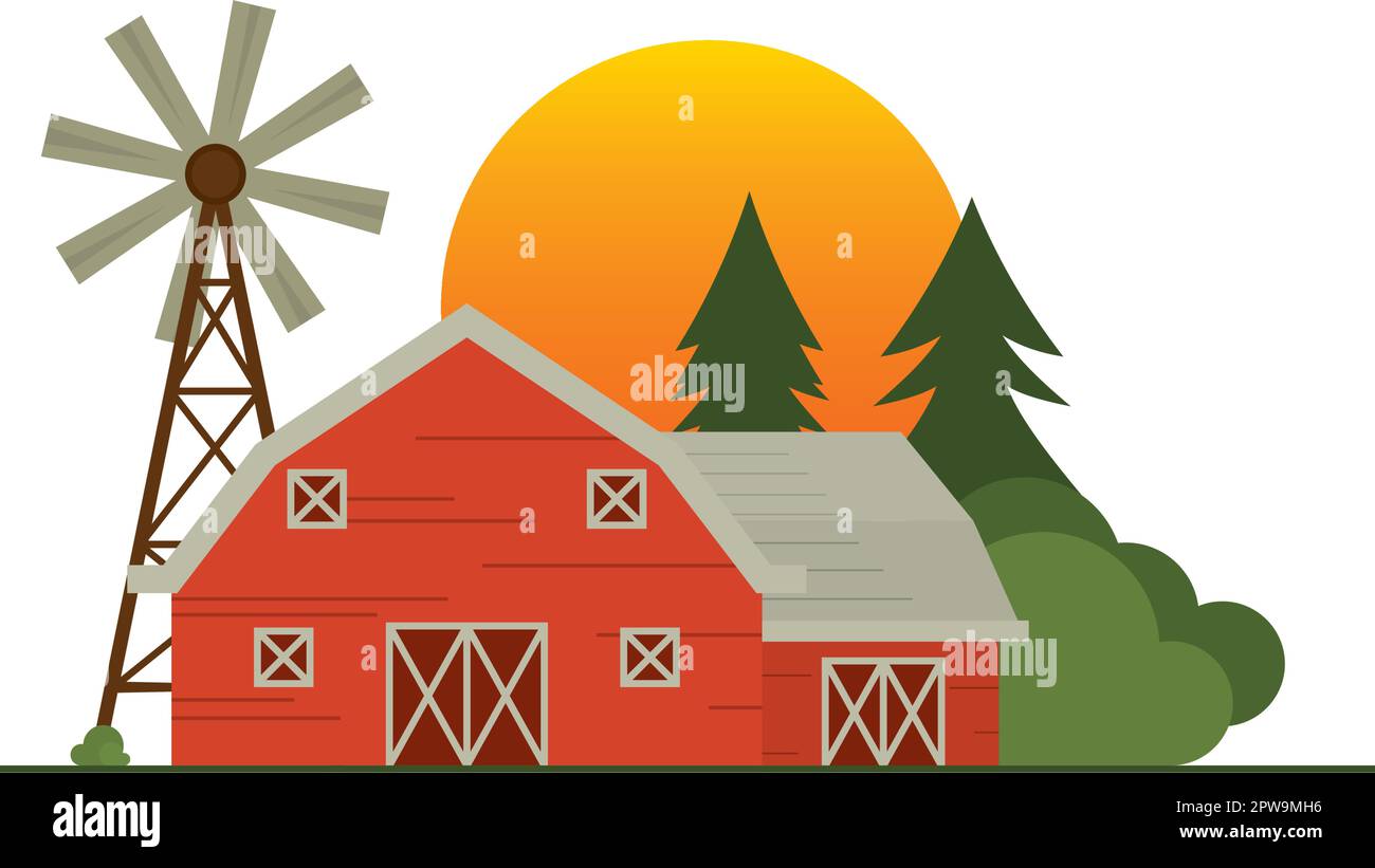 Barn Farm with Trees and Sunset Illustration Stock Vector Image & Art ...