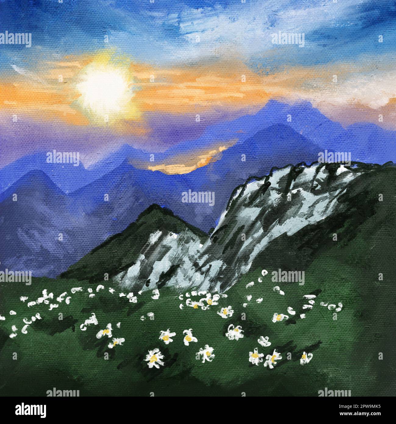 Hand drawn illustration of sunrise in alps alpine meadow mountains ...