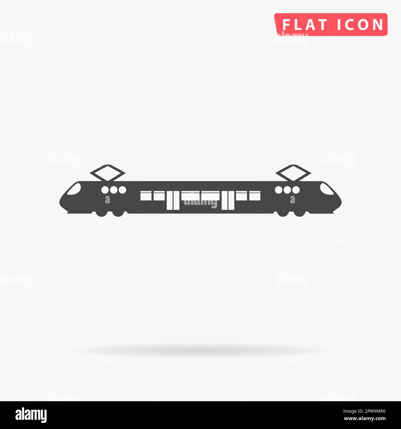 Suburban electric train. Simple flat black symbol with shadow on white ...