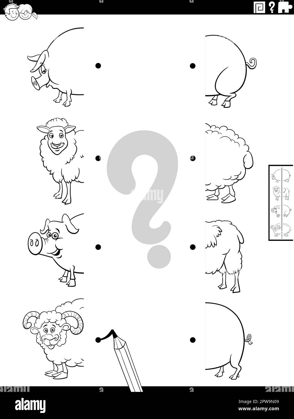 match halves of farm animals pictures game coloring page Stock Vector ...