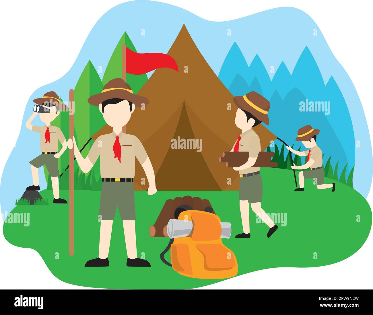 Boy Scouts Building Tent Collecting Firewood and Watching Around ...