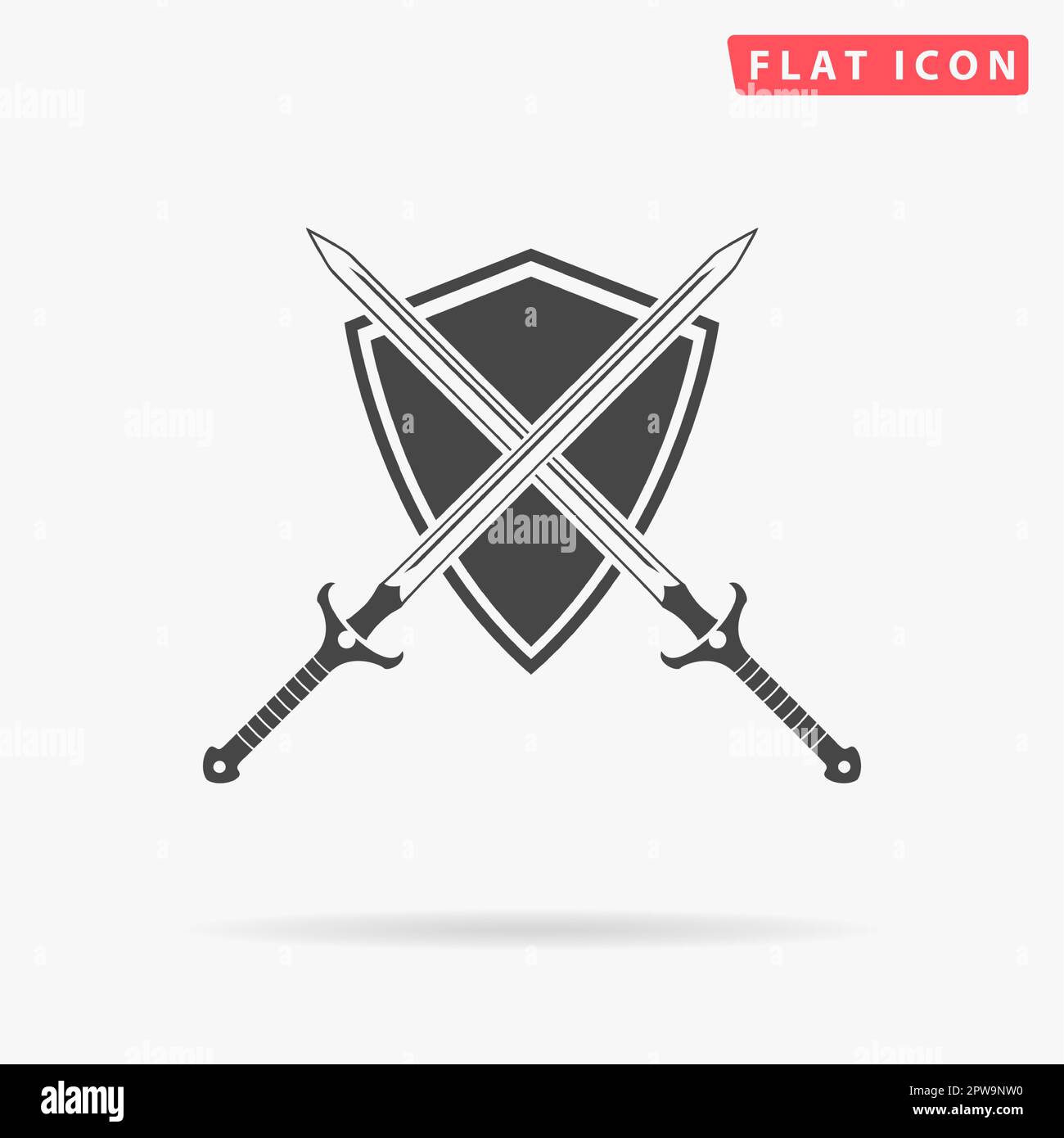 Two swords and shield. Simple flat black symbol with shadow on white ...