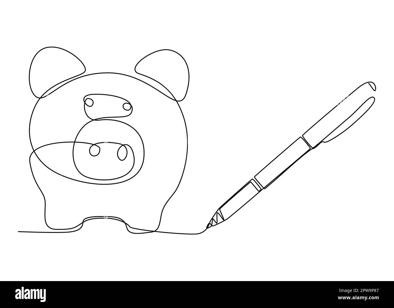 One continuous line of Piggy Bank drawn with a pencil, felt tip pen ...
