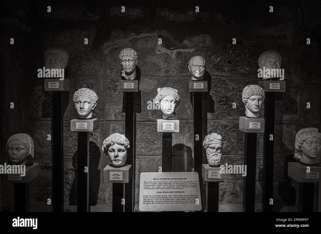 Carved stone marble Roman heads on display in Side Museum, Antalya ...