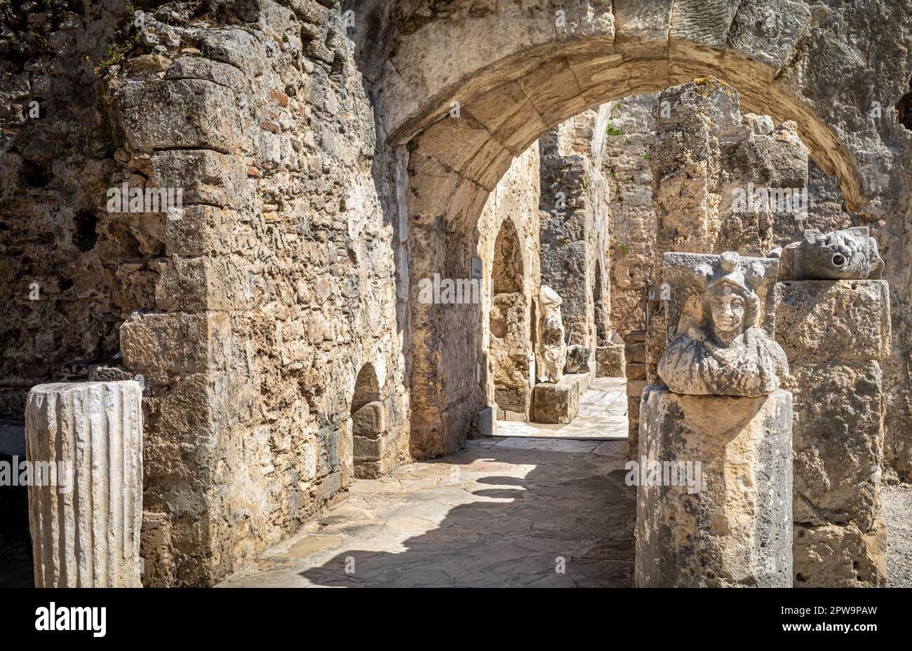 A courtyard within the Roman-era Great Baths building which houses Side ...