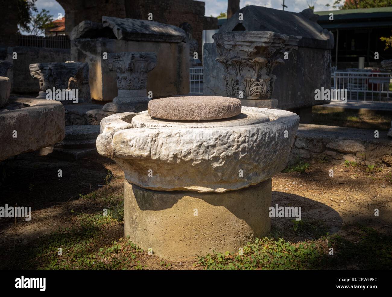A Roman era stone for grinding olives to release olive oil on display ...