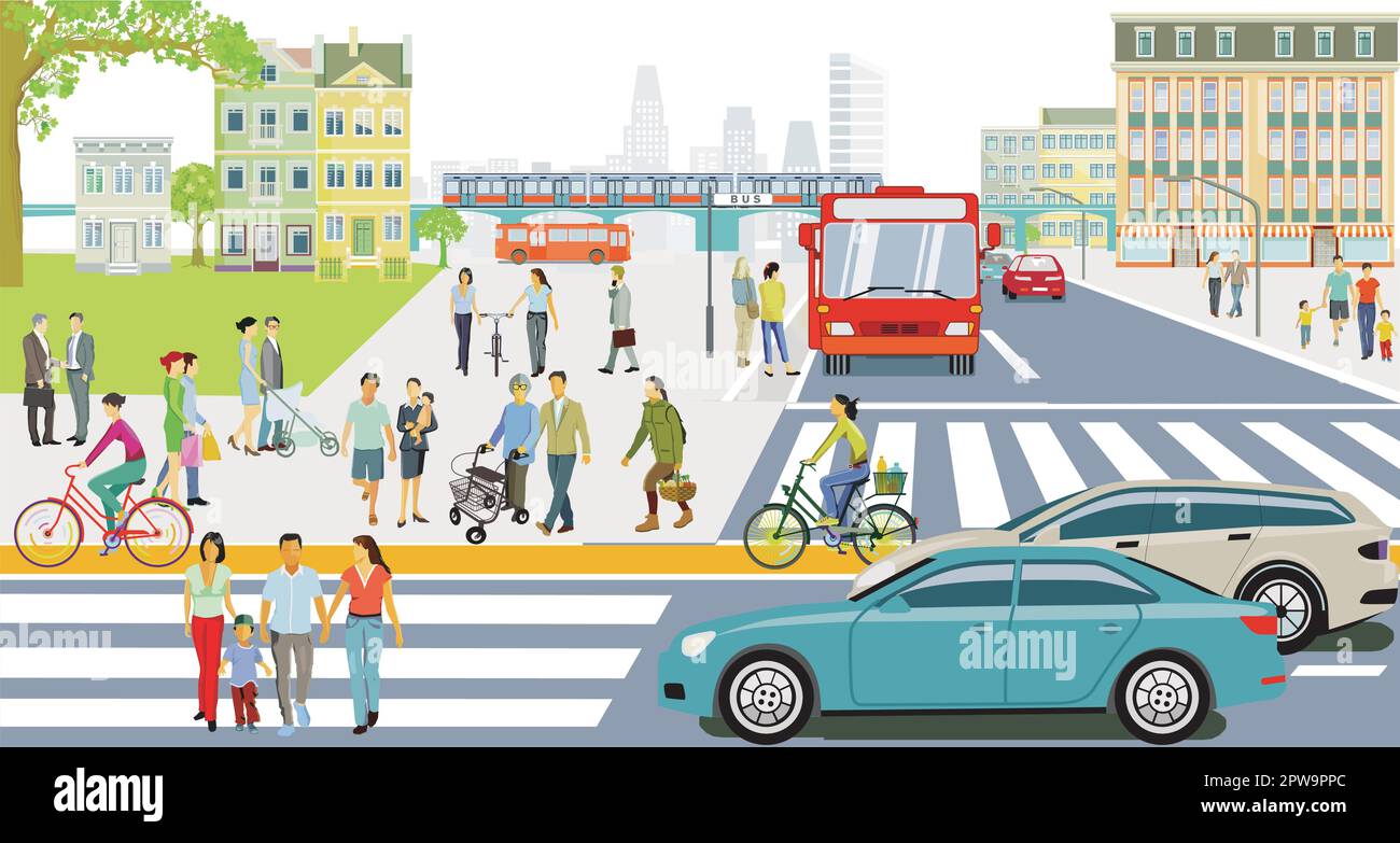 City with road traffic, skyscrapers, apartment buildings and ...