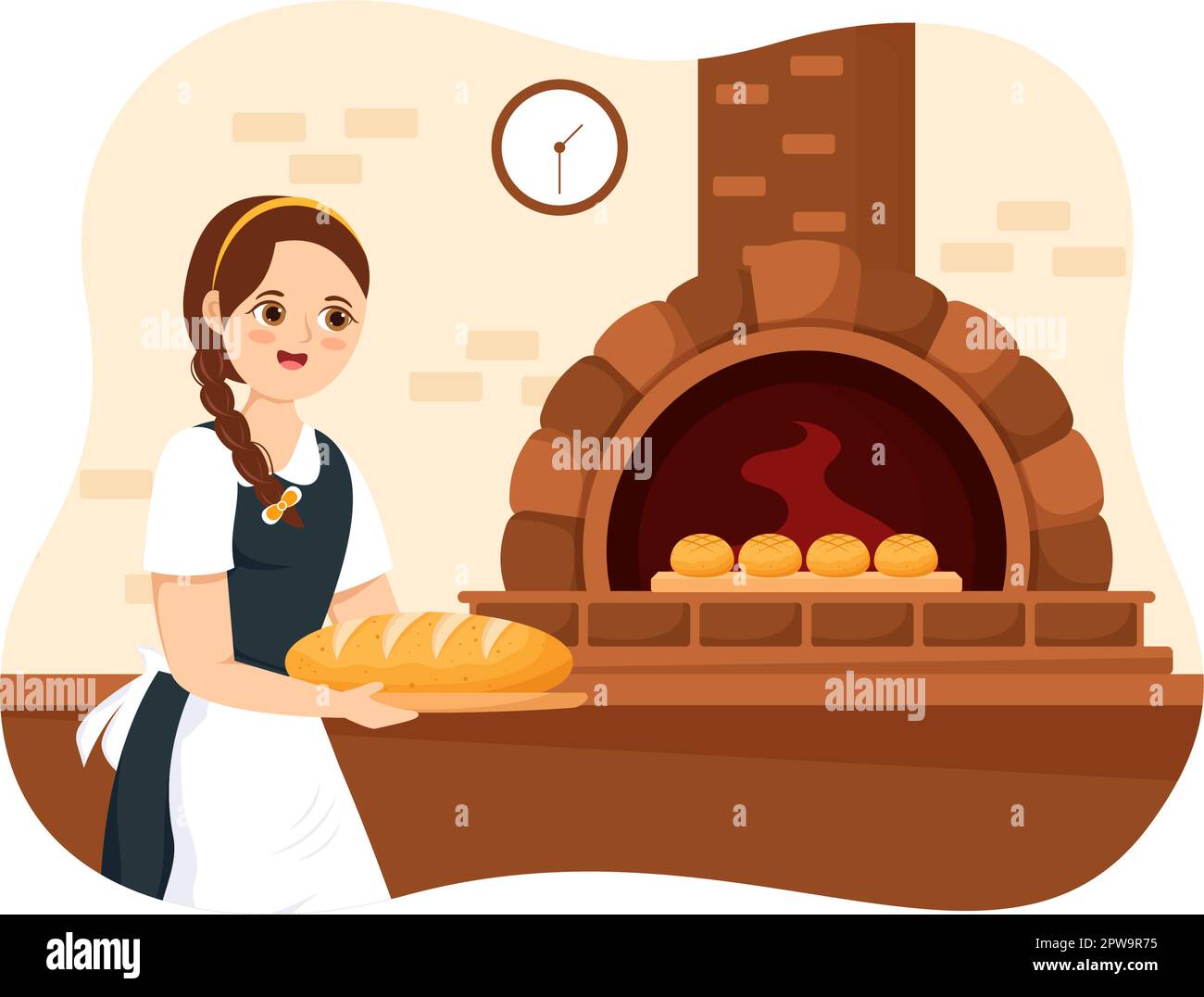 Bread Mill Illustration with Wheat Sacks, Various Breads and Windmill ...