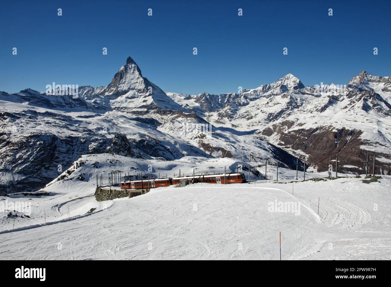 The Gornergrat Bahn climbing up the mountain on its way to the ...