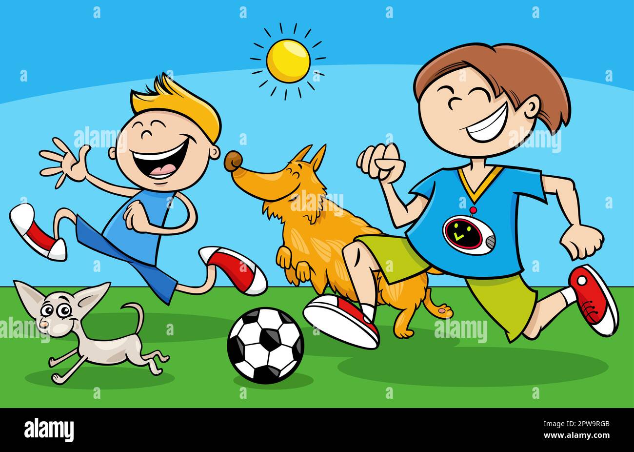 cartoon boys characters playing ball with their dogs Stock Vector Image ...