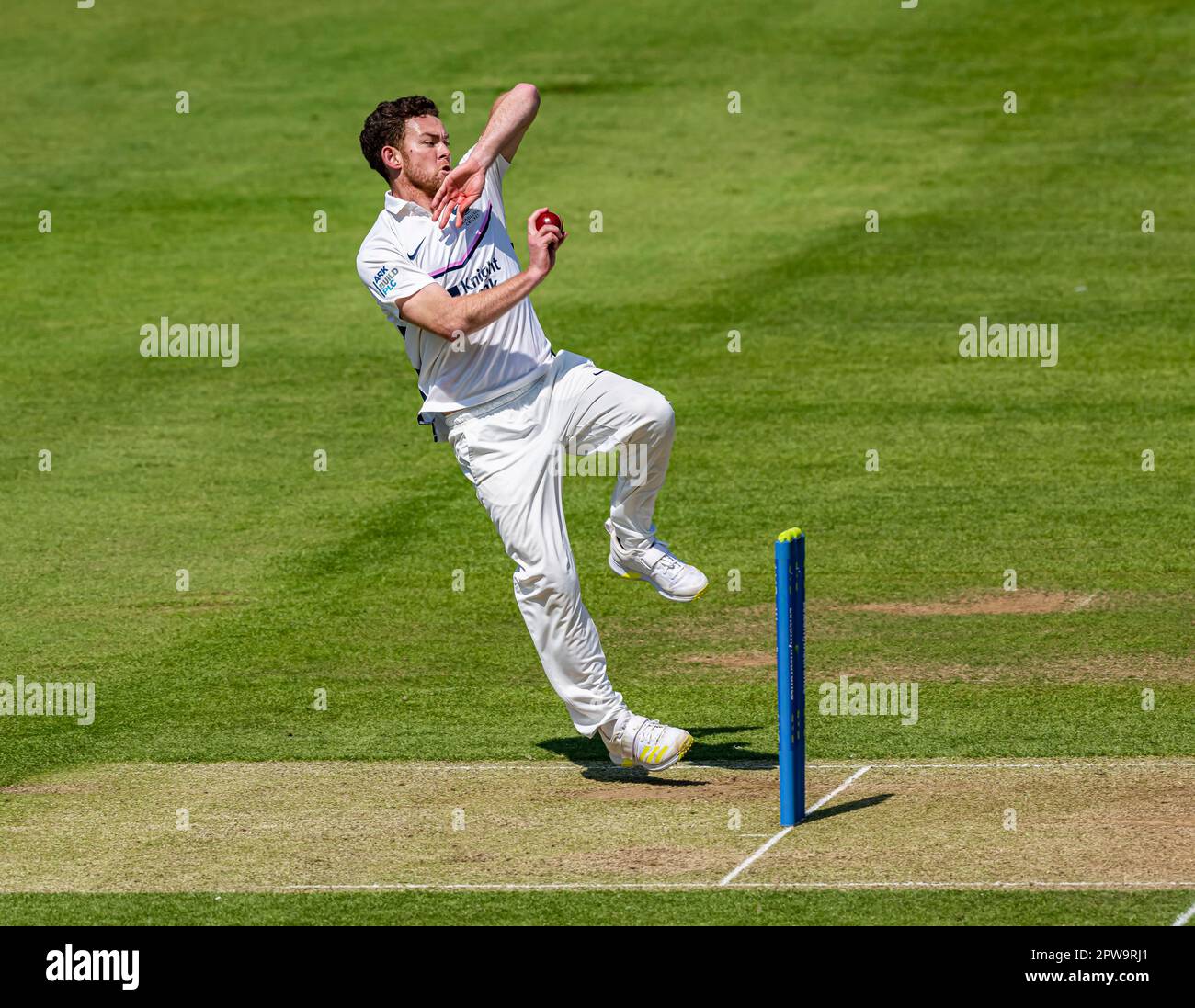 LONDON, UNITED KINGDOM. 29 April, 2023. Ryan Higgins of Middlesex bowls ...