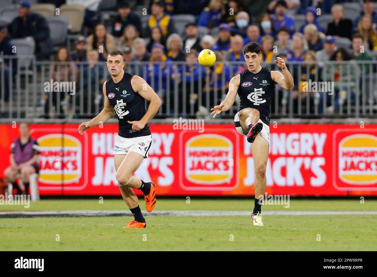 Adam Cerra of Carlton passes the ball during the AFL Round 7 match ...