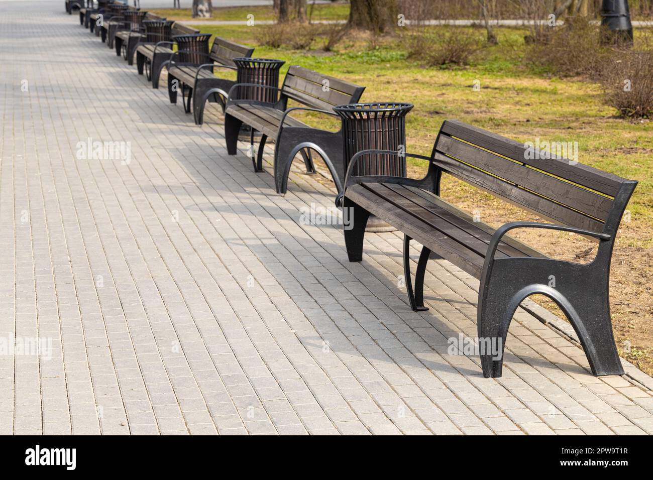empty benches in a summer park stand in a row. empty park bench Stock ...