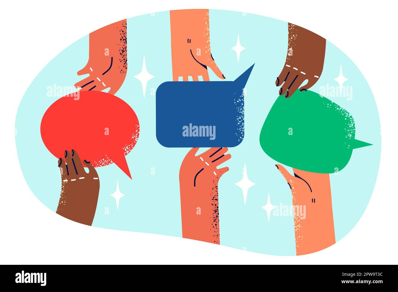 People passing dialogue bubbles from hand to hand symbolizing teamwork ...