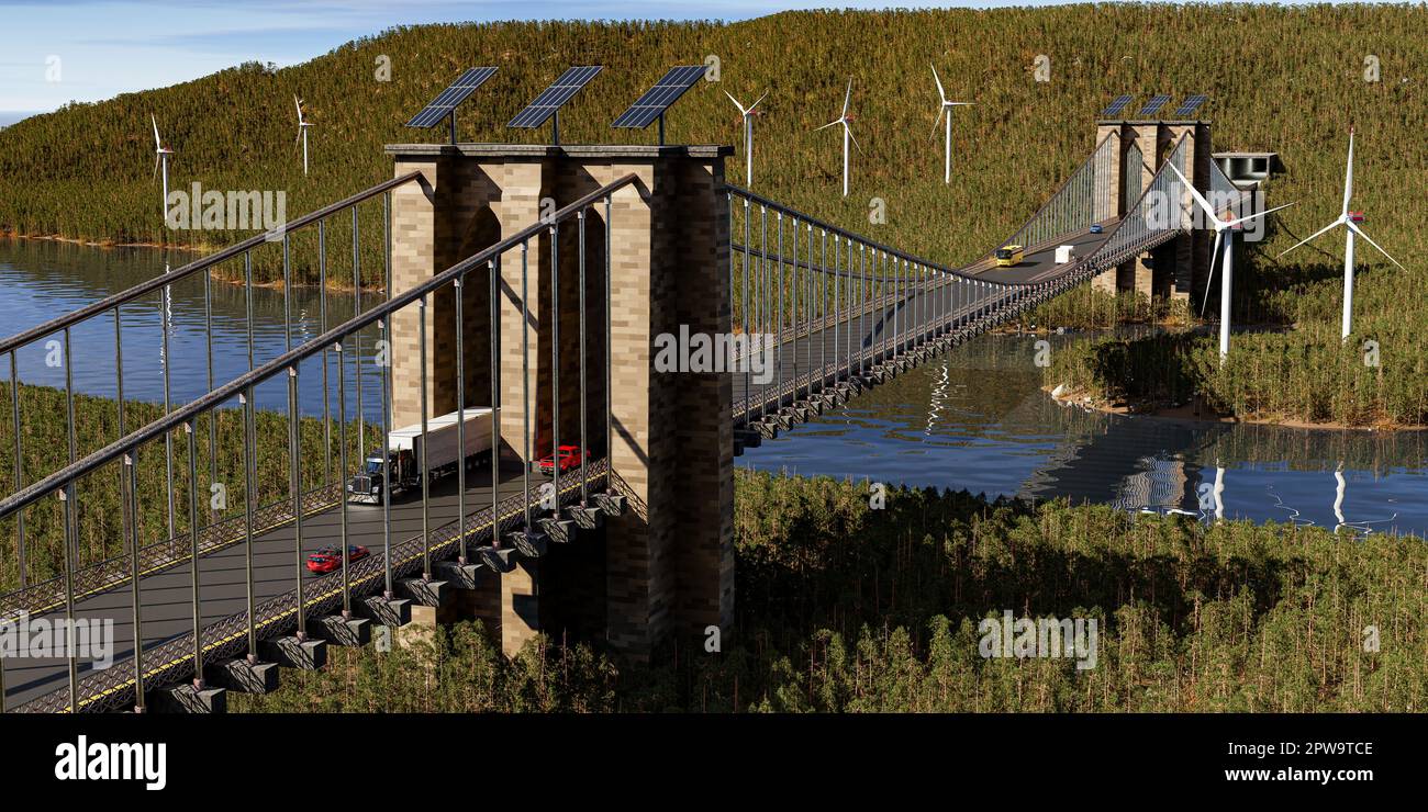 a bridge over a river, surrounded by forest, wind turbines and equipped ...