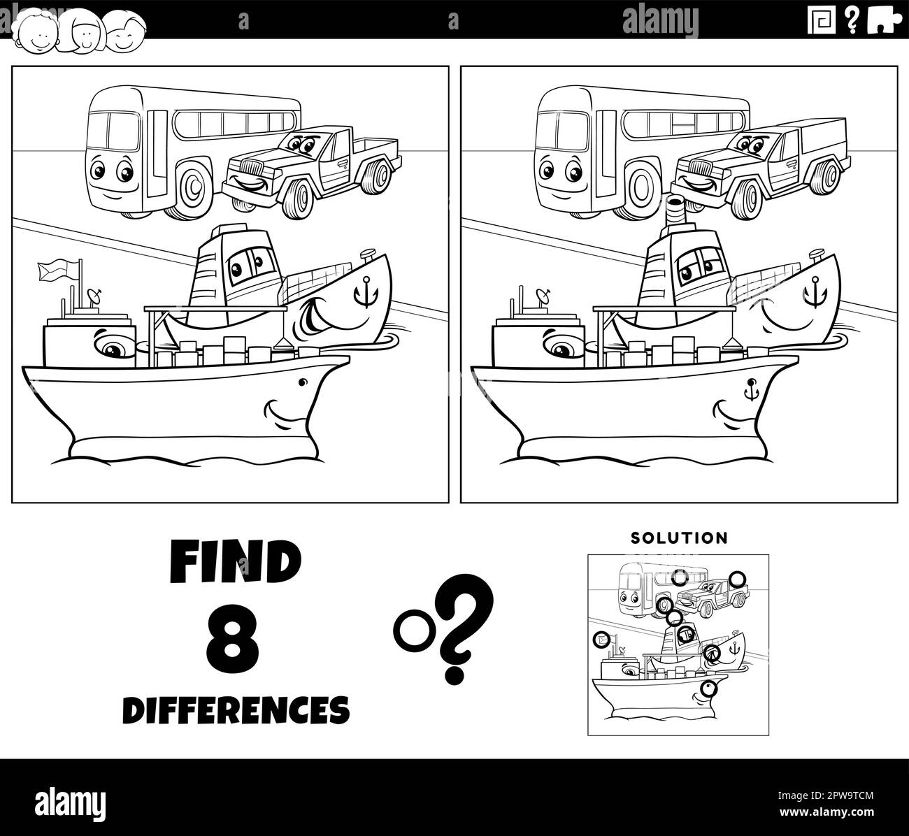 differences game with cartoon vehicles coloring page Stock Vector Image ...
