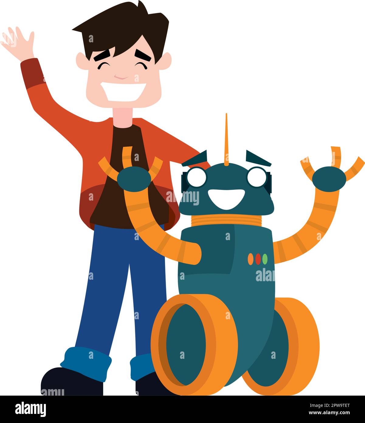 a Boy and Robot Greeting with Happy Expression Illustration Stock ...