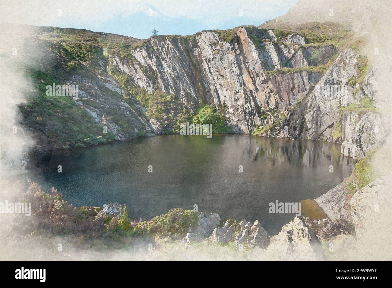 Digital watercolour painting of the abandoned Foel Slate Quarry at ...