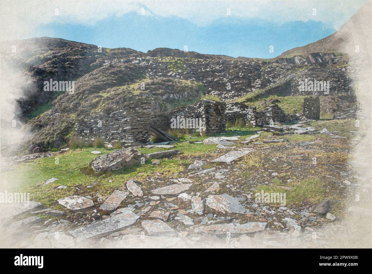 Digital watercolour painting of the abandoned Foel Slate Quarry at ...