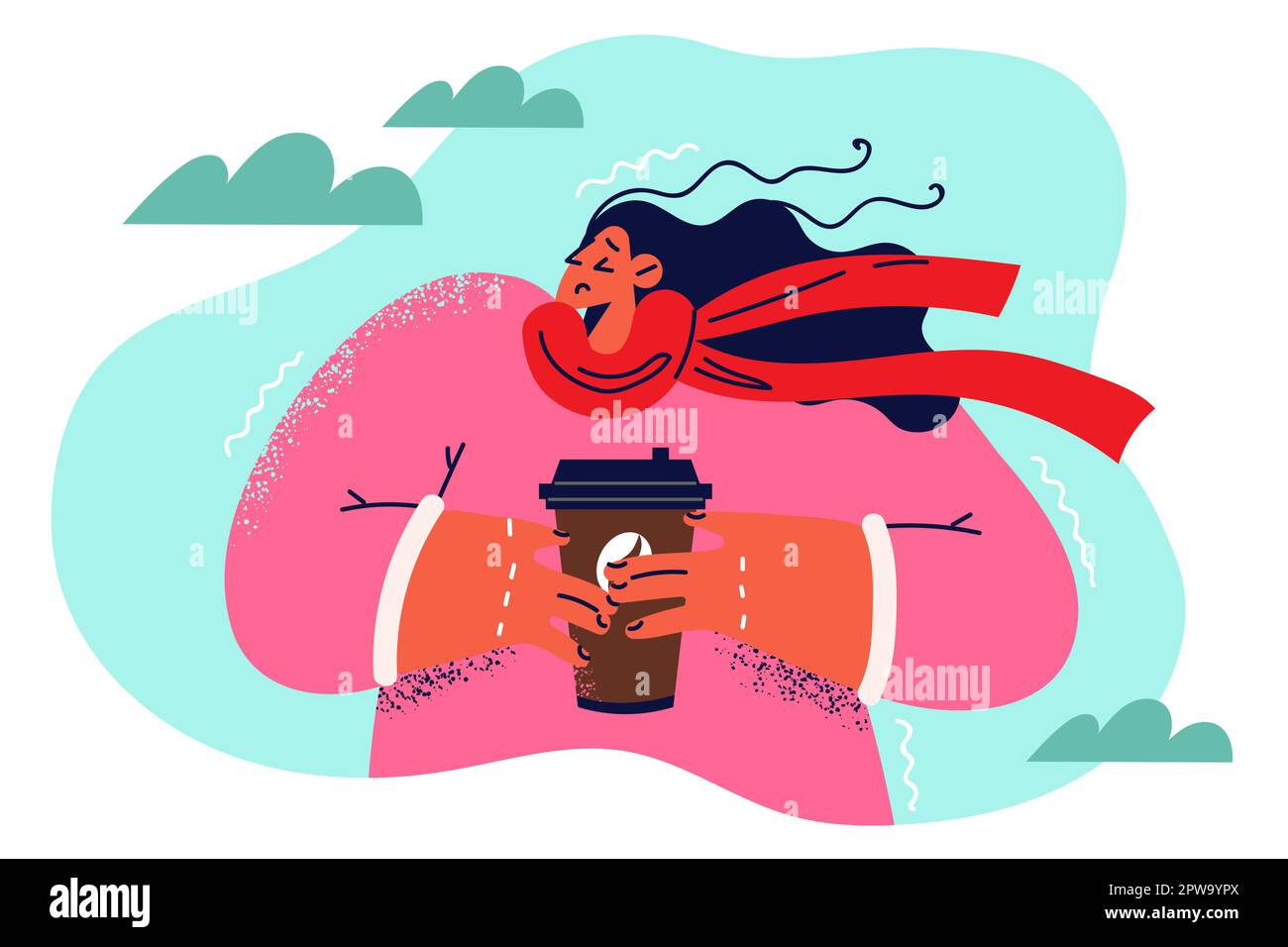 Frozen woman from plastic cup coffee stands on street and drinks hot ...