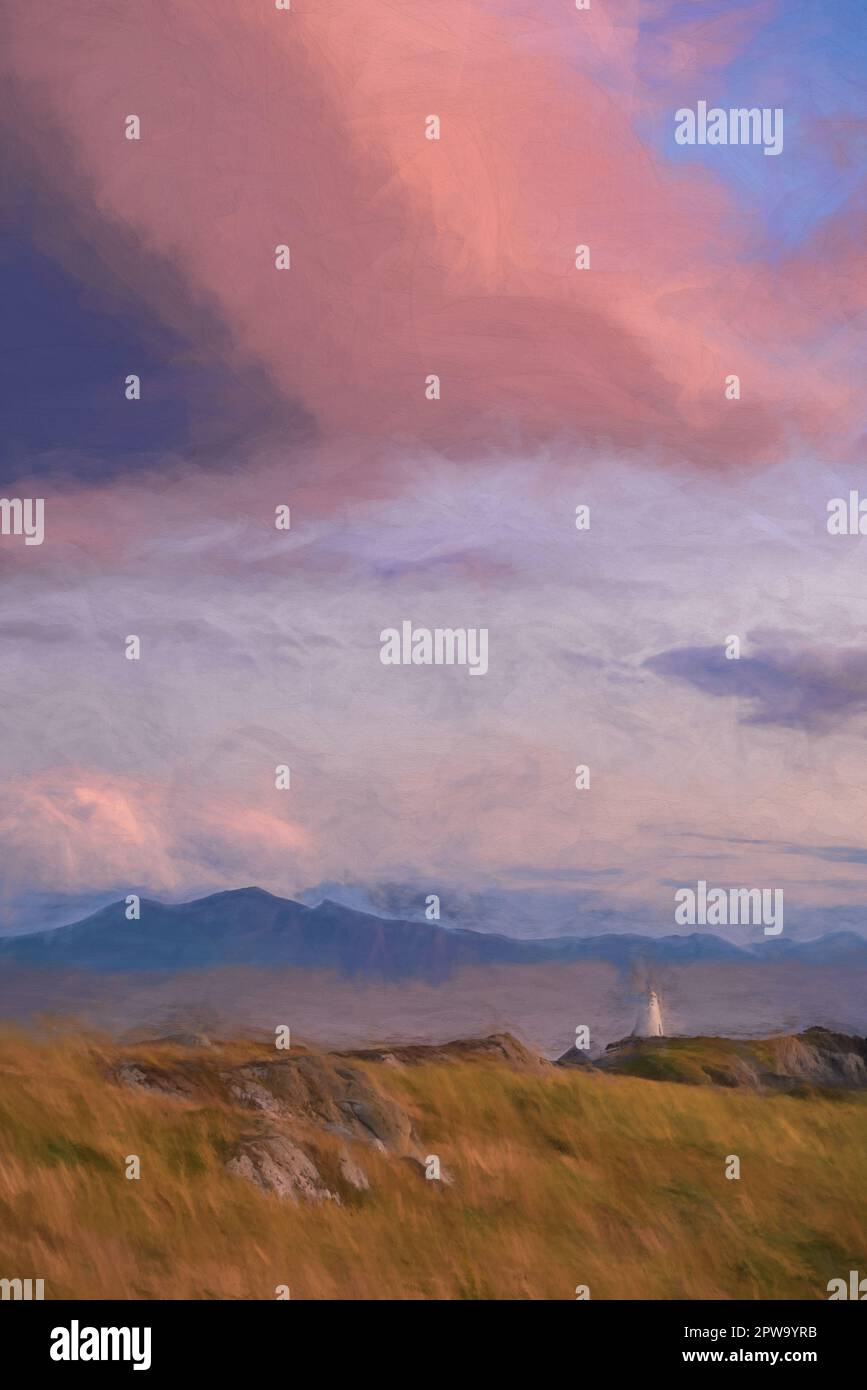 Digital painting of the Llanddwyn island lighthouse, Goleudy Twr Bach ...