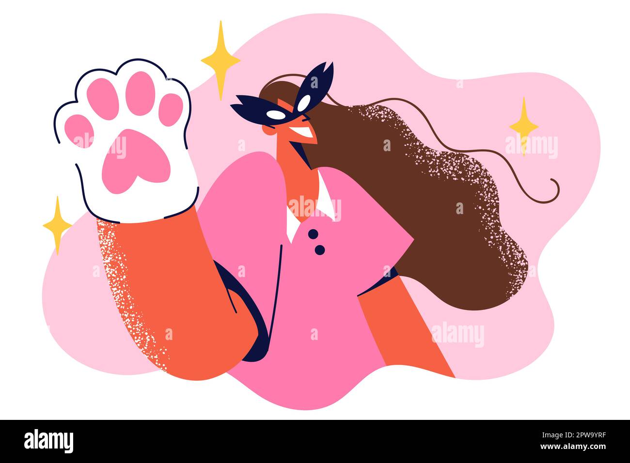 Teenage Girl In Cat Mask Waves Kitten Glove To Say Hello To Participants Of Halloween Masquerade