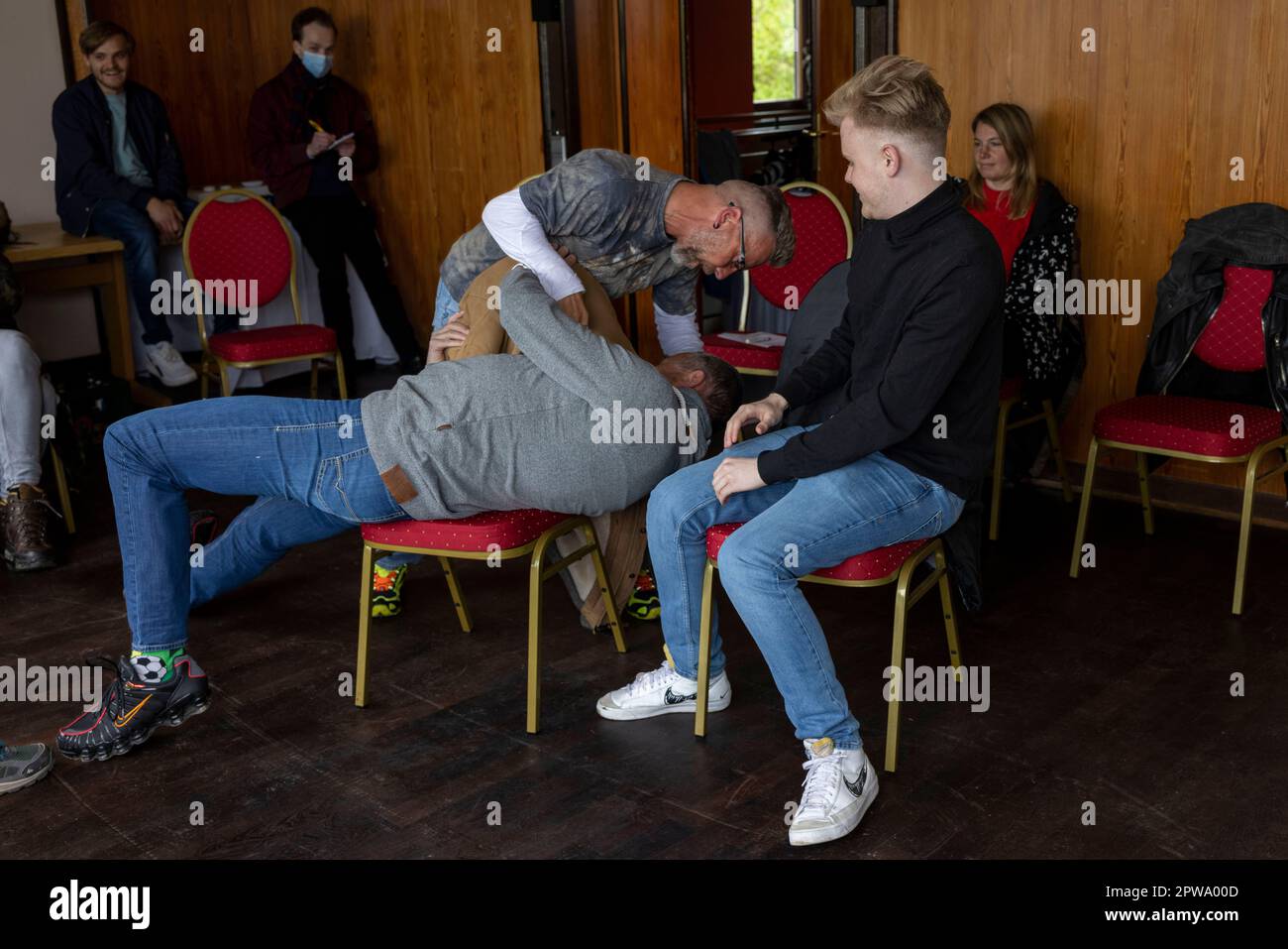 29 April 2023, Hesse, Mühltal: Monster casting at Frankenstein Castle ...