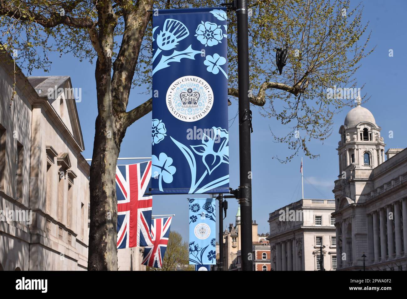 London, England, UK. 29th Apr, 2023. Whitehall decorated with King ...