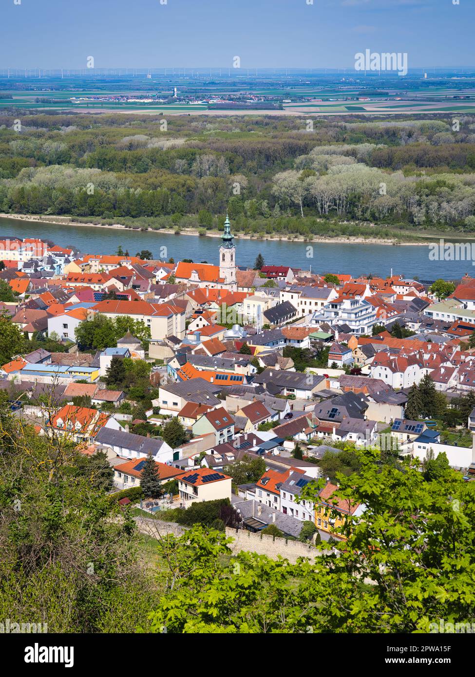 Hainburg cityscape with church and Danube river, Austria Stock Photo ...