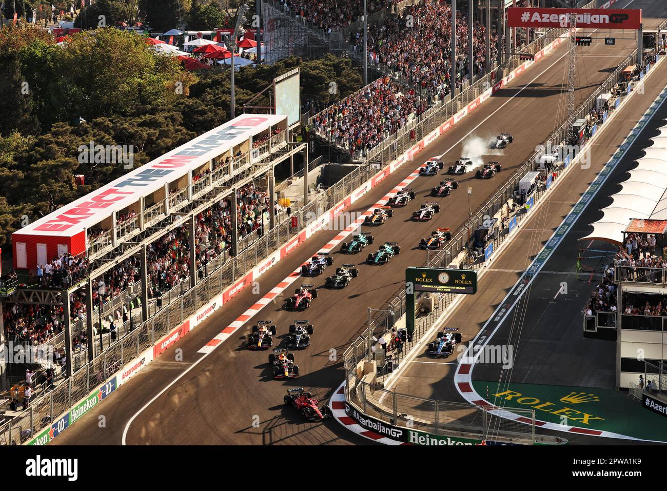Baku, Azerbaijan. 29th Apr, 2023. Charles Leclerc (MON) Ferrari SF-23 leads at the start of the ...