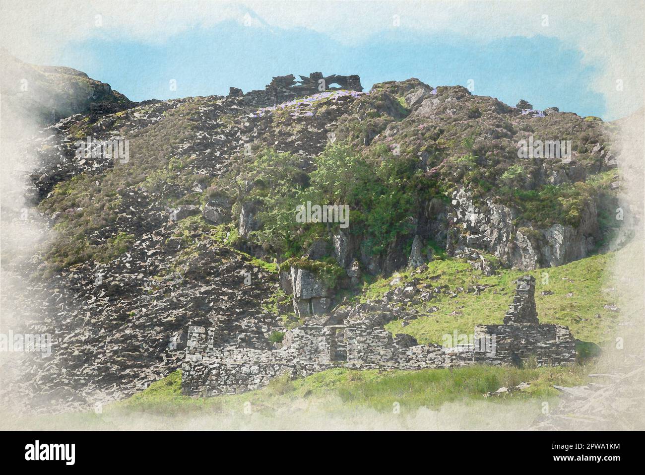 Digital watercolour painting of the abandoned Foel Slate Quarry at ...