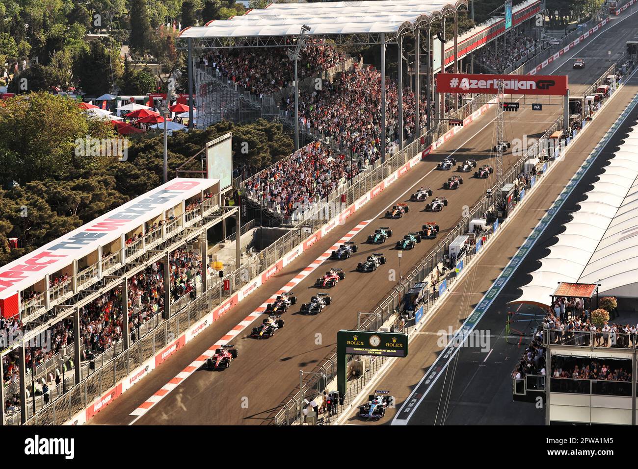 Baku, Azerbaijan. 29th Apr, 2023. Charles Leclerc (MON) Ferrari SF-23 leads at the start of the ...