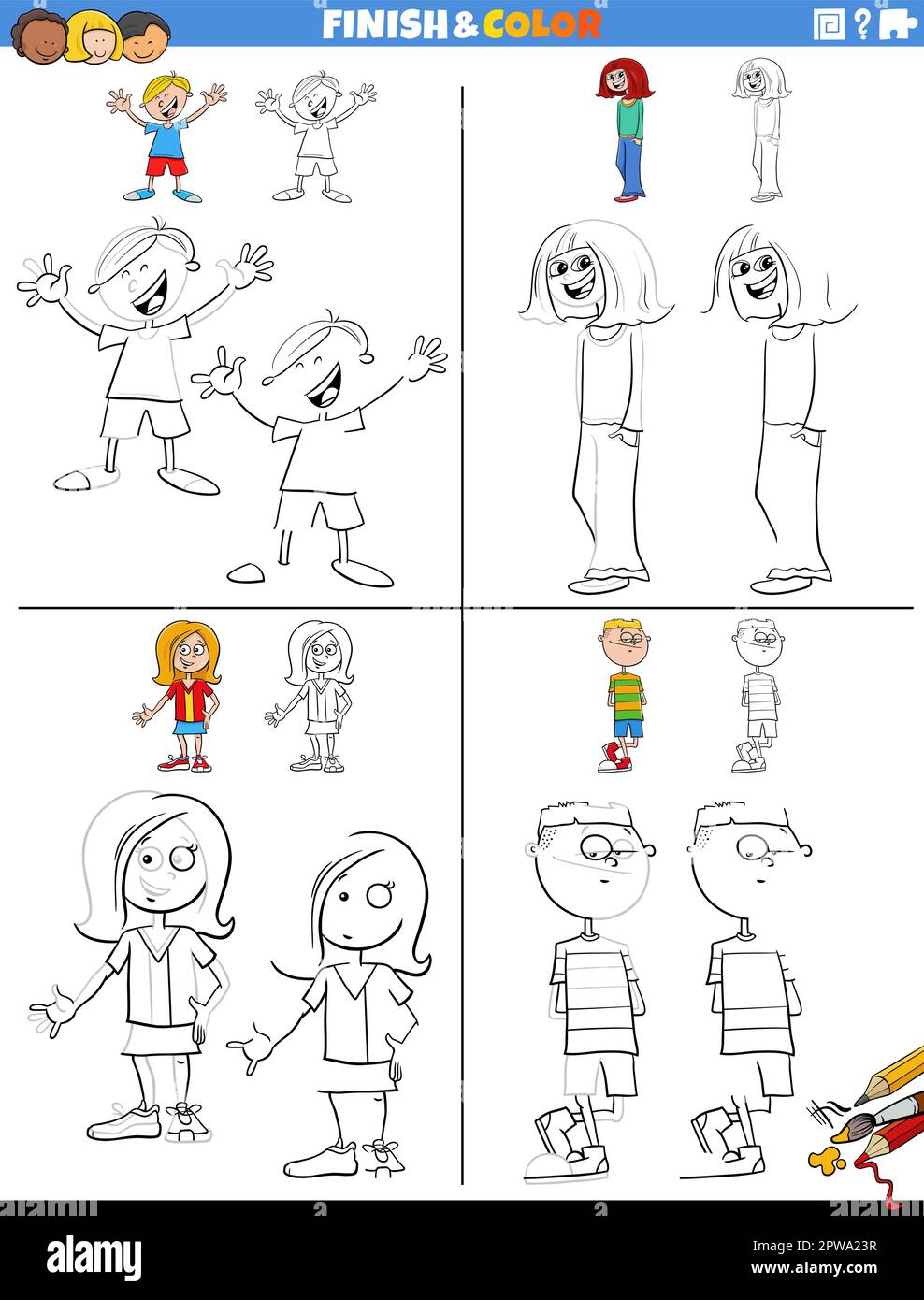 drawing and coloring worksheets set with children characters Stock ...