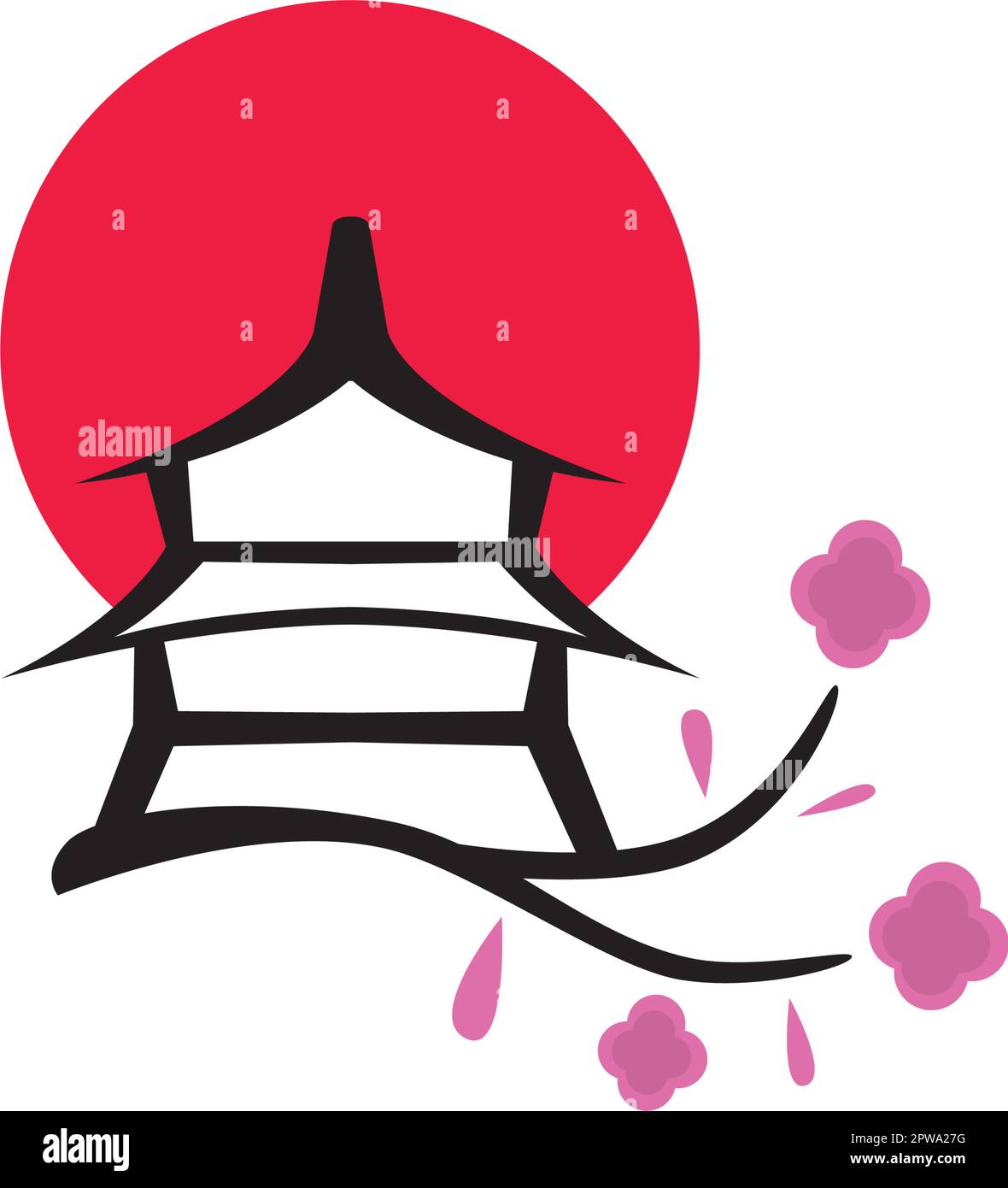 Japanese Landscape with Pagoda, Sakura Flowers and a Red Circle as a ...
