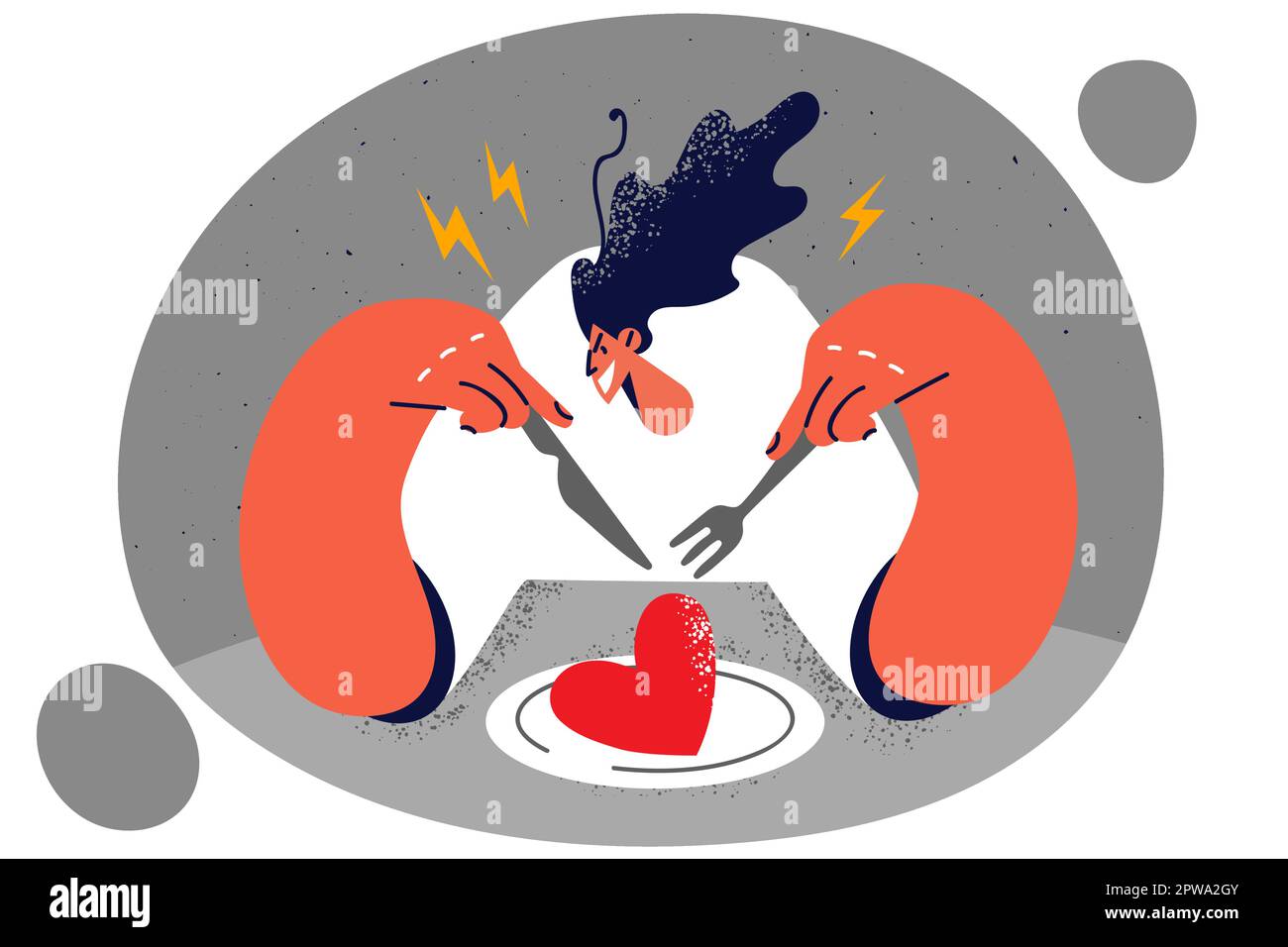 Aggressive woman sits with fork and knife in hands near plate with ...