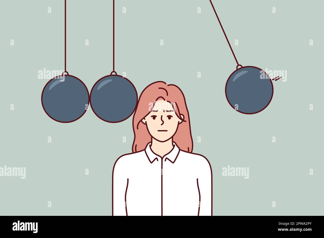 Woman employee corporation in danger standing among giant balls capable ...