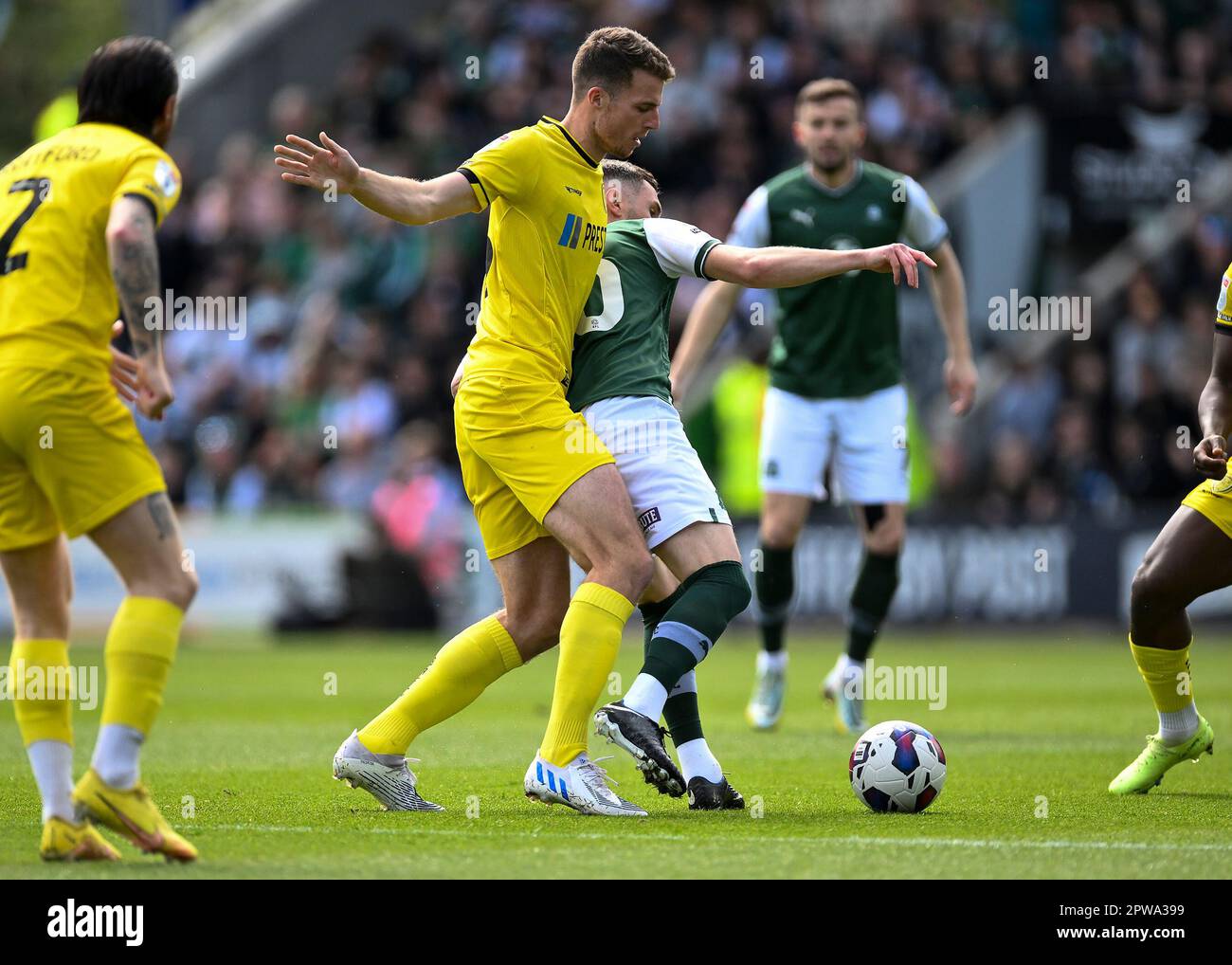 Danny Mayor #10 of Plymouth Argyle shields the ball during the Sky Bet ...