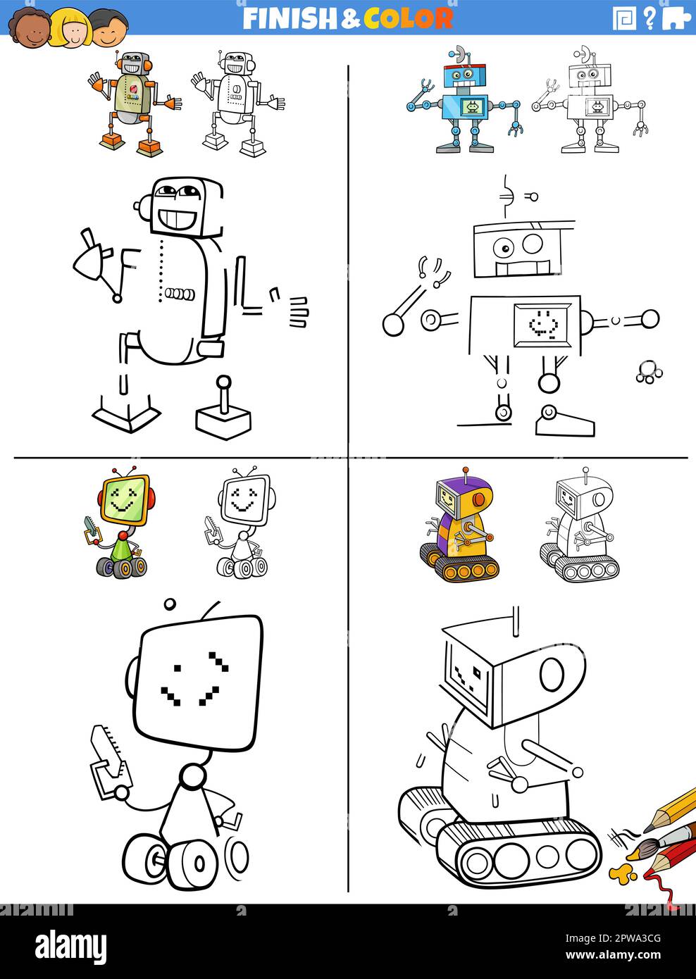 drawing and coloring worksheets set with robots characters Stock Vector ...