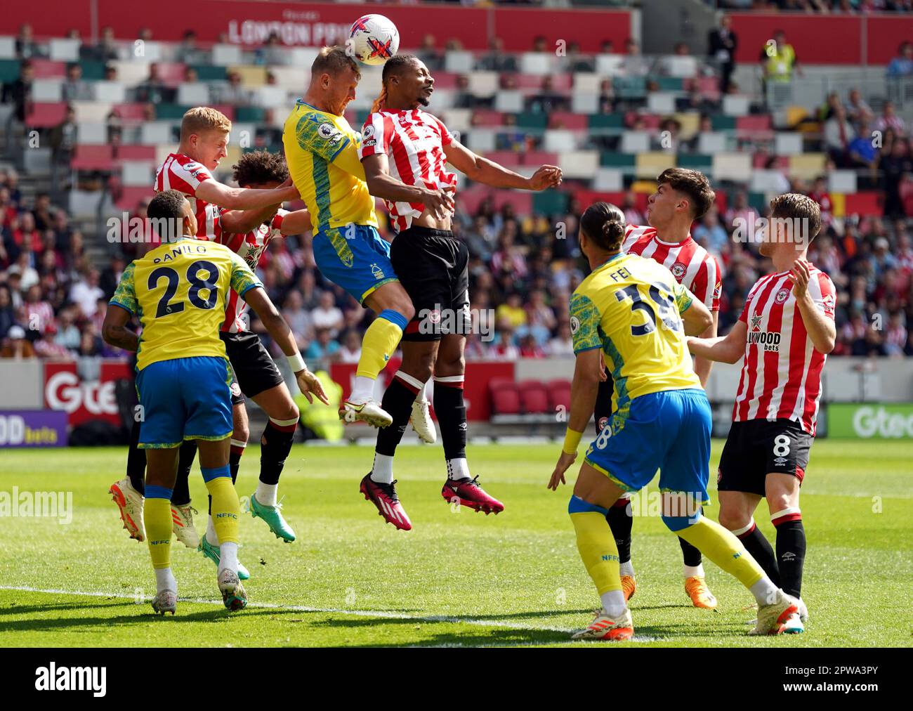 Nottingham Forest's Joe Worrall clears with a defensive header during ...
